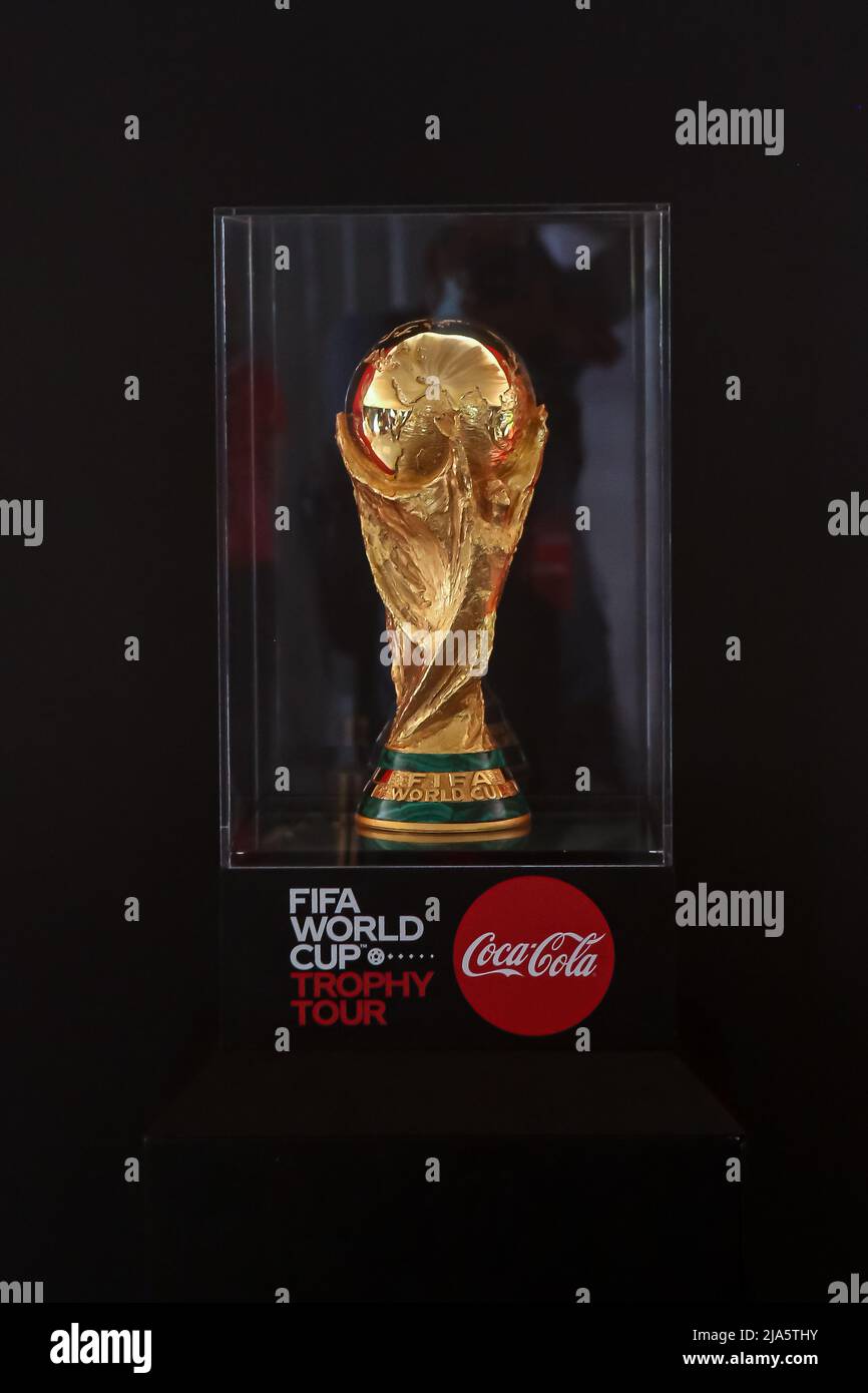 The FIFA World Cup trophy (C) seen on display at the Kenyatta ...