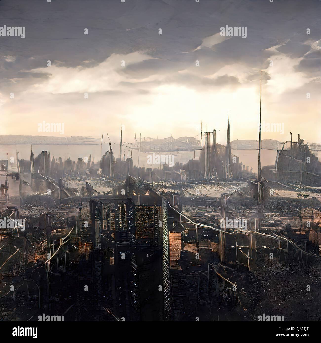 Abstract digital illustration; dark futuristic landscape, post ...