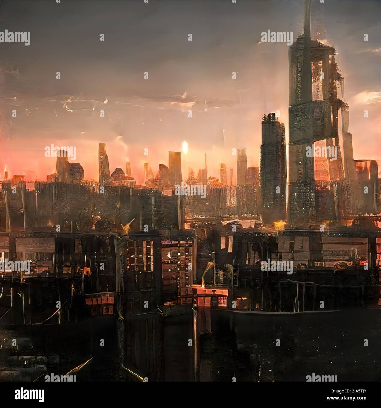 Abstract digital illustration; dark futuristic landscape, post ...