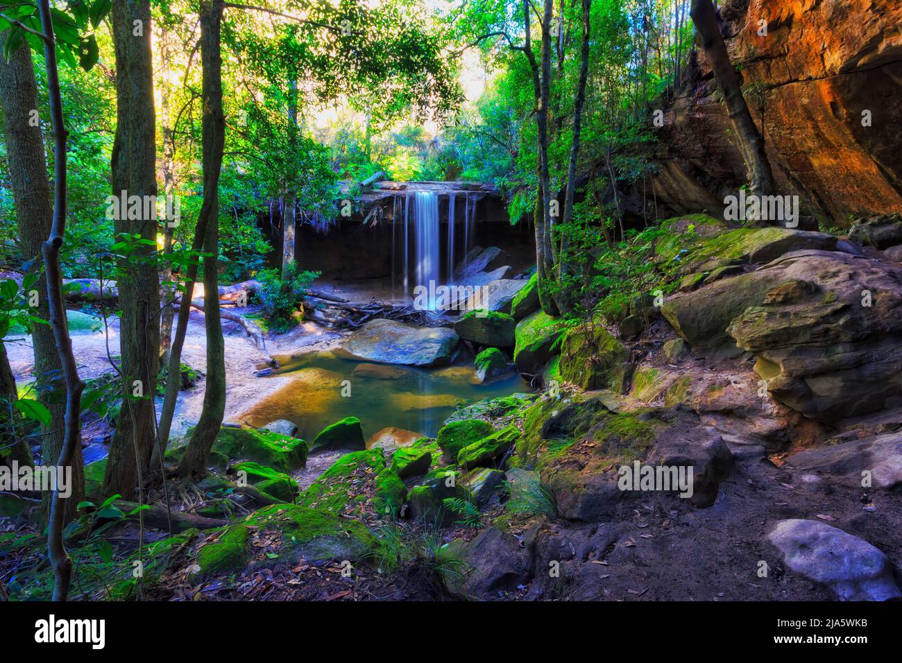 Rocky Hazelbrook creek walking track with scenic waterfralls along the ...