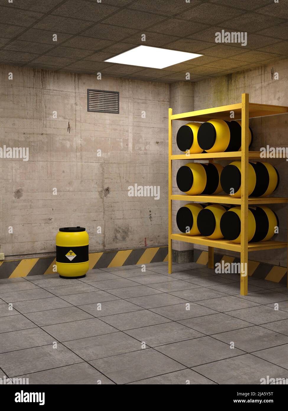 3D-illustration of a storage room with Radioactive barrels Stock Photo ...