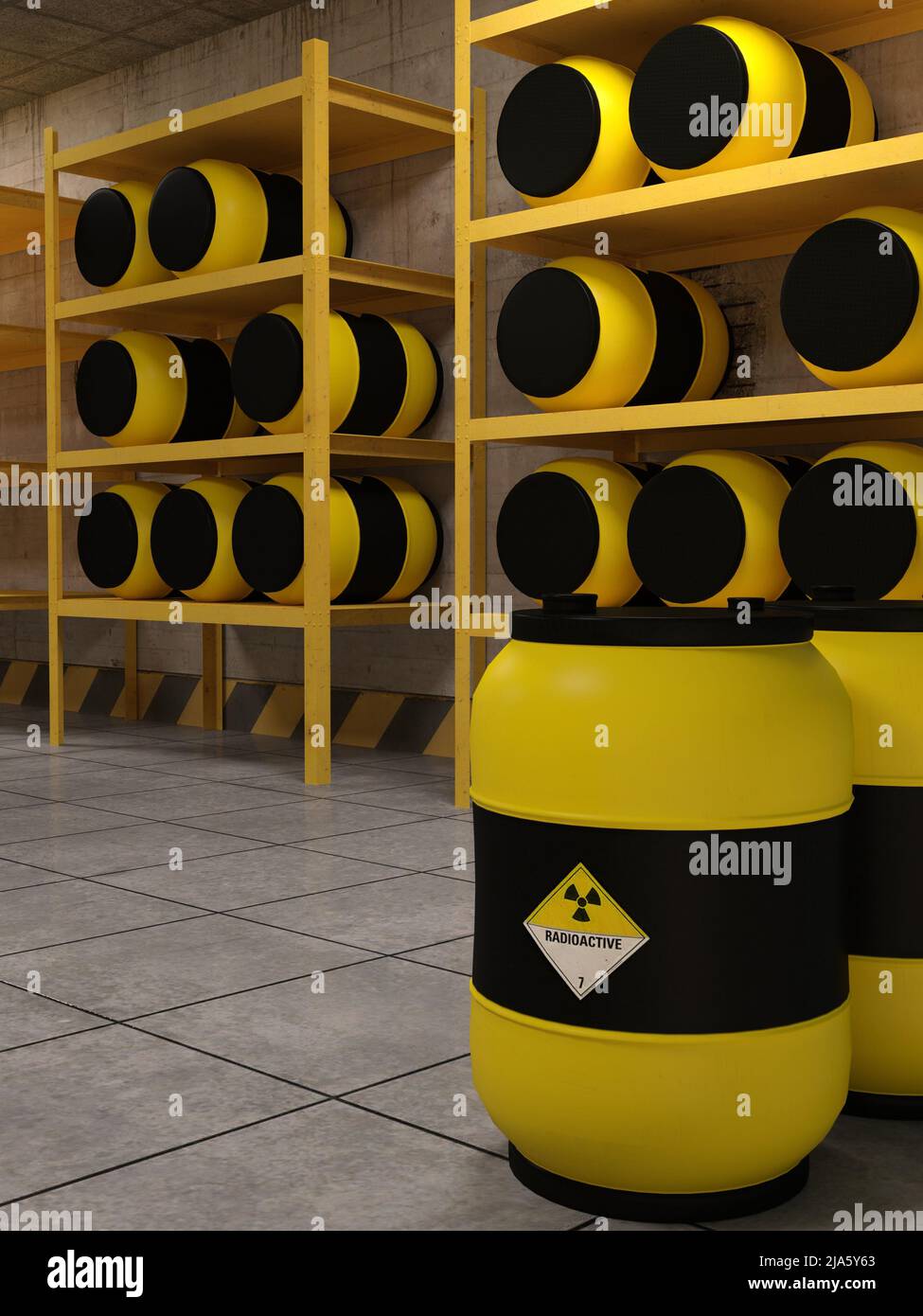3D-illustration of a storage room with Radioactive barrels Stock Photo ...