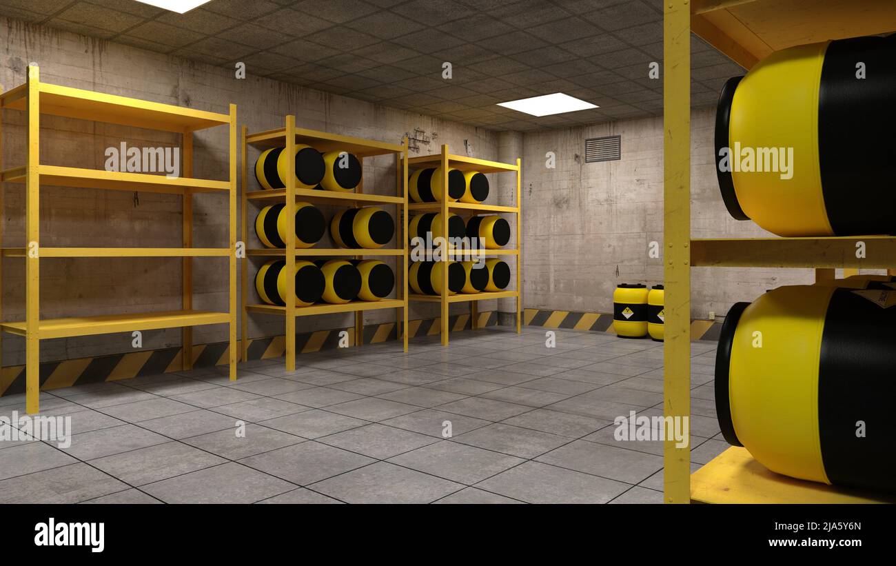 3D-illustration of a storage room with Radioactive barrels Stock Photo ...