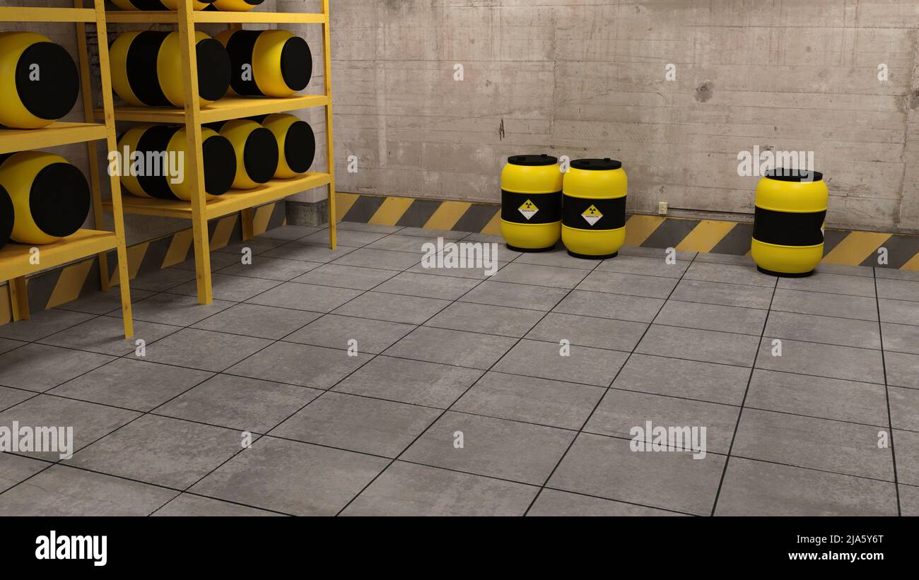 3D-illustration of a storage room with Radioactive barrels Stock Photo ...