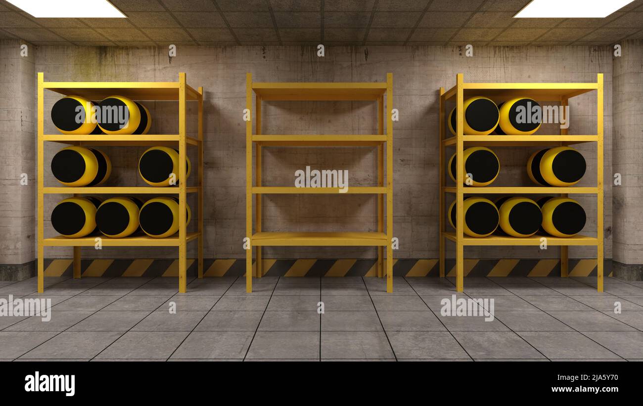 3D-illustration of a storage room with Radioactive barrels Stock Photo ...