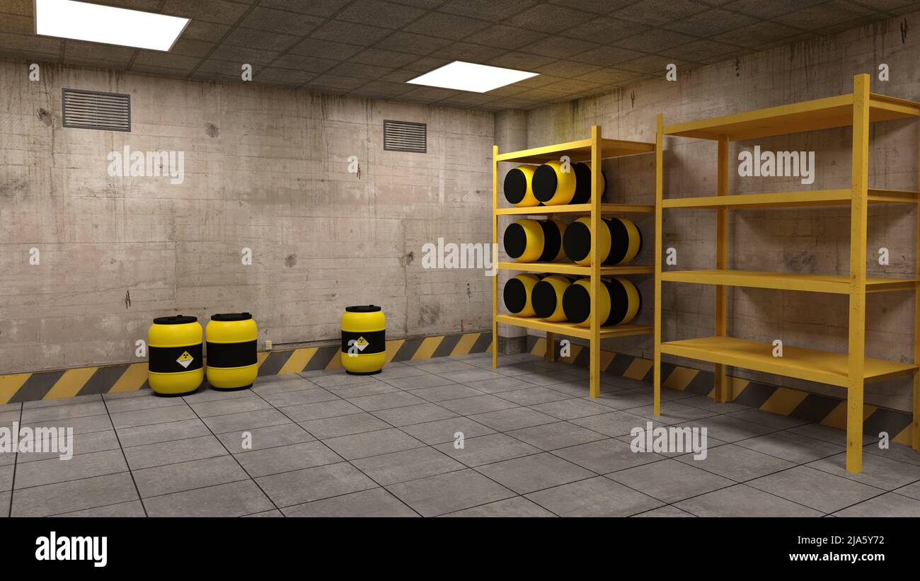 3D-illustration of a storage room with Radioactive barrels Stock Photo ...