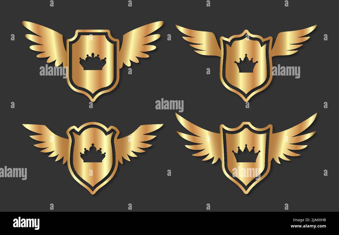 Shield wing crown metal safety badge gold flat set. Elegant military ...