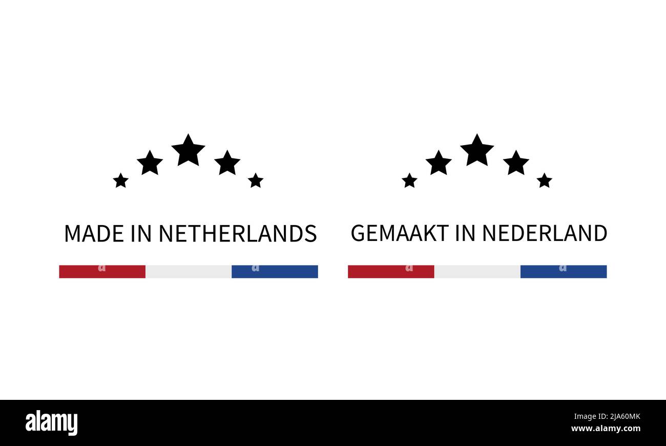 Made in Netherlands labels in English and in Dutch languages. Quality ...