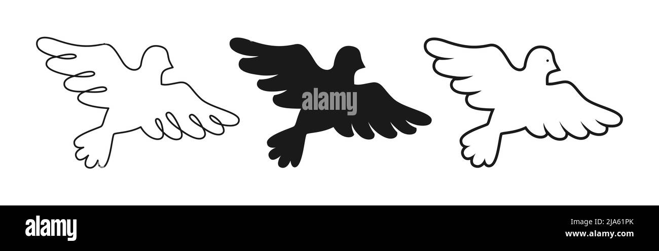 Peace symbol dove silhouette stamp, doodle outline set. Flying bird ...