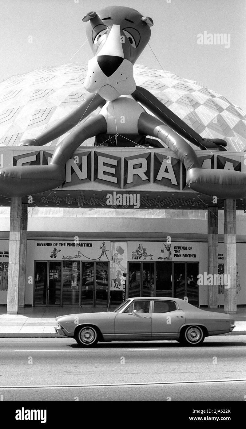 Large inflatable advertising balloon of the Pink Panther sits atop the ...