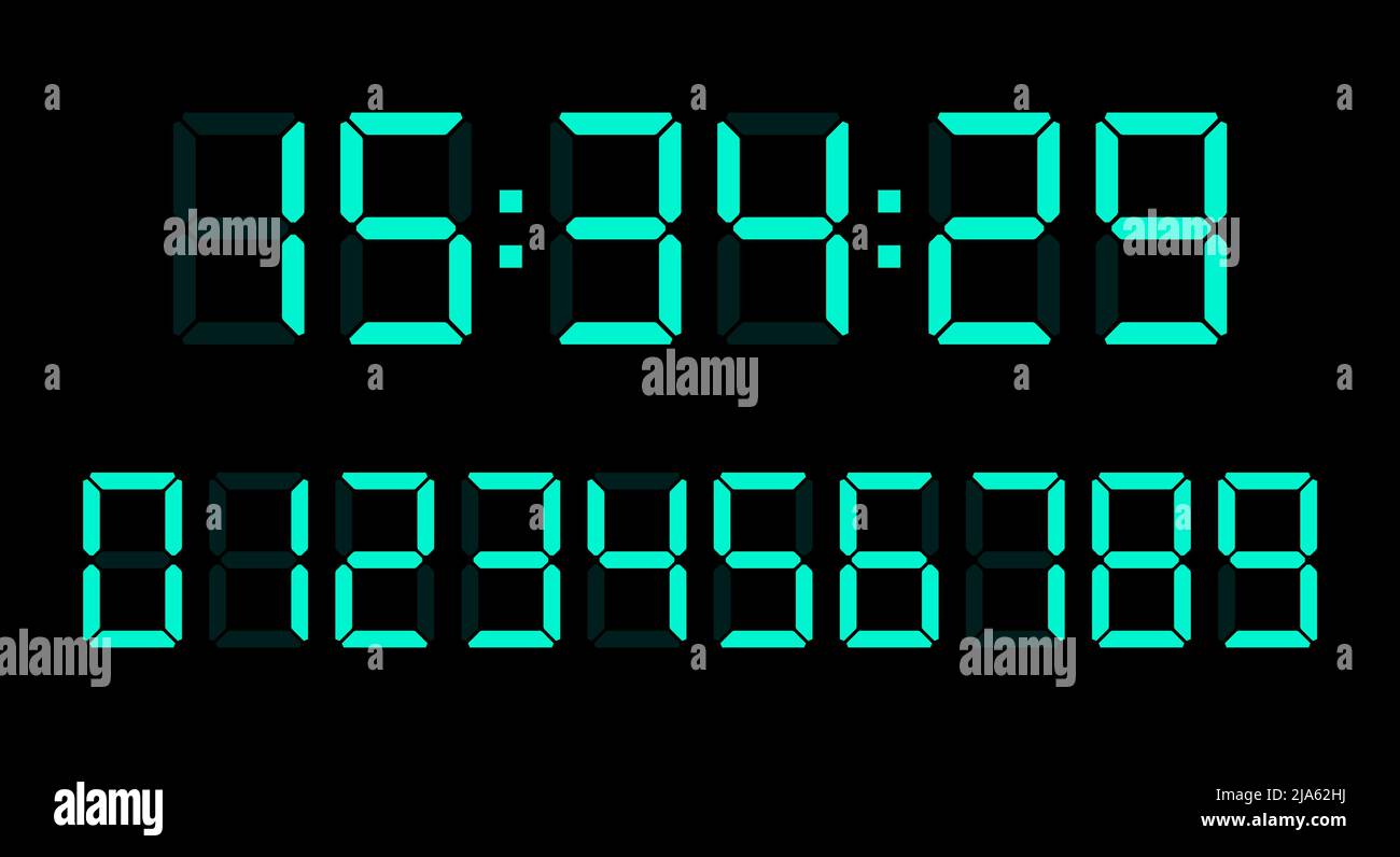 Blue digital clock number set. Led digit set. Flat vector illustration ...