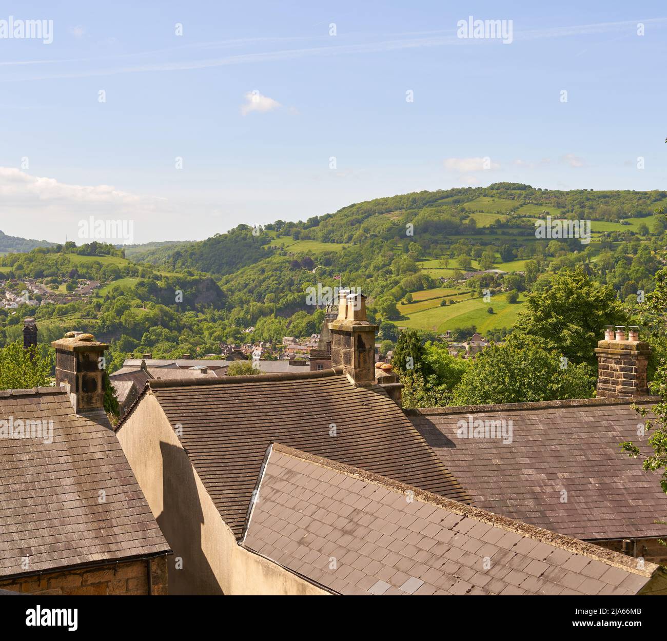 View over houses and hills in Matlock Town, Derbyshire, UK Stock Photo ...