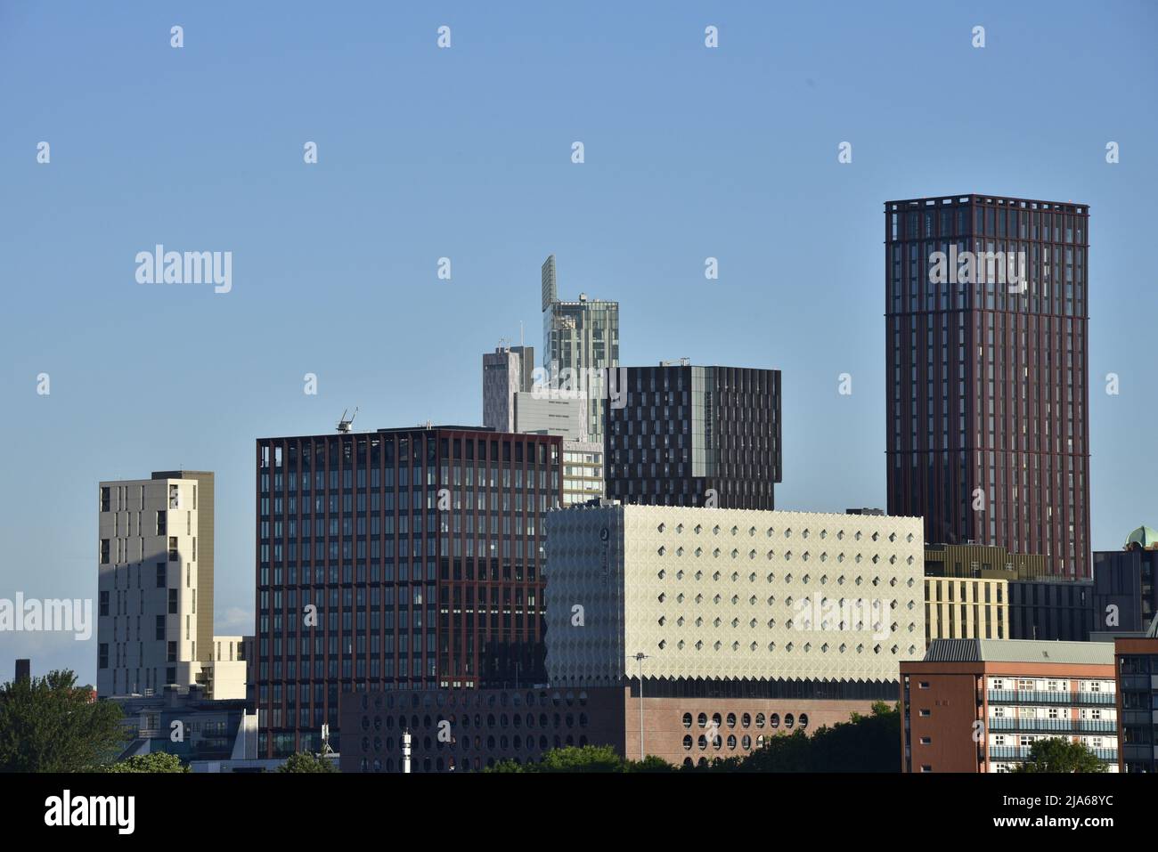 A high level view of skyscrapers in city centre Manchester, seen from ...