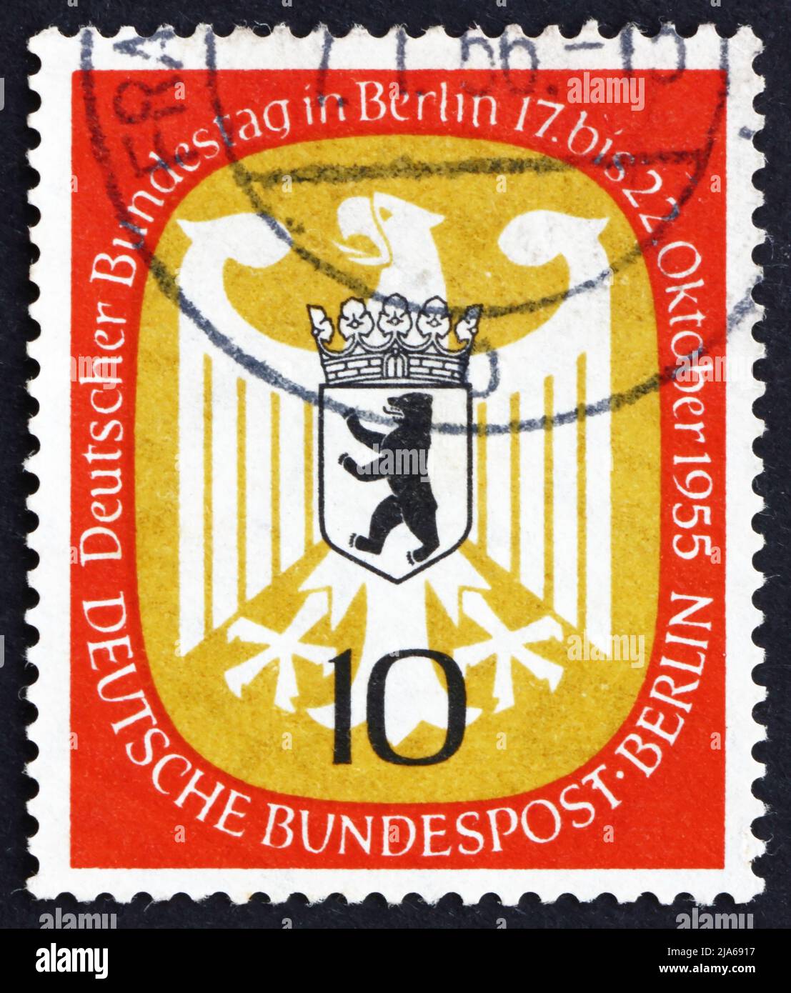 GERMANY - CIRCA 1955: a stamp printed in the Germany shows Arms of ...