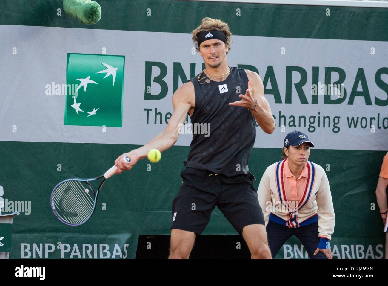 Alexander Zverev playing during French Open Tennis at Roland Garros arena on May 27, 2022 in ...