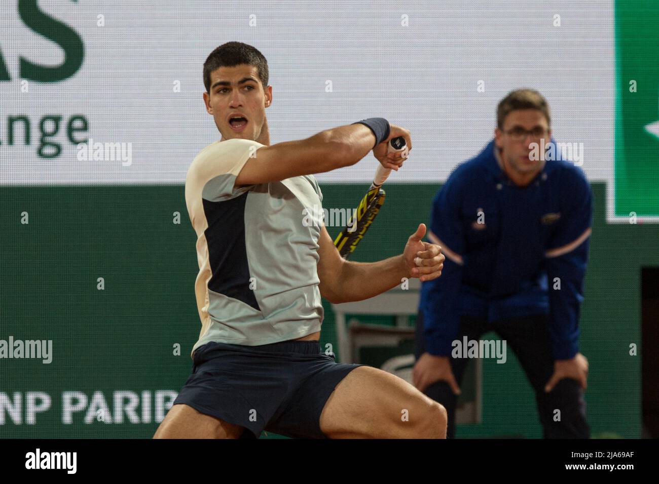 Carlos Alcaraz playing during French Open Tennis at Roland Garros arena ...