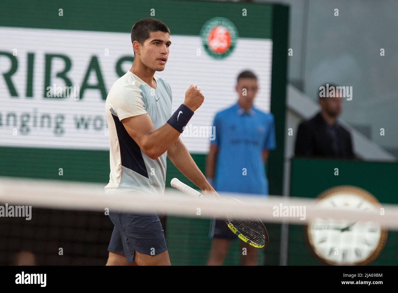 Carlos Alcaraz playing during French Open Tennis at Roland Garros arena ...