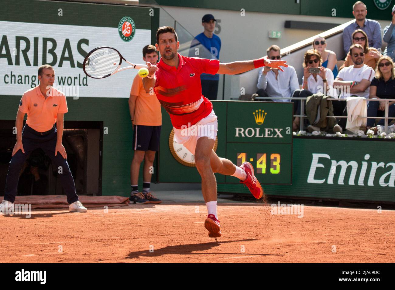 Novak Djokovic playing during French Open Tennis at Roland Garros arena ...