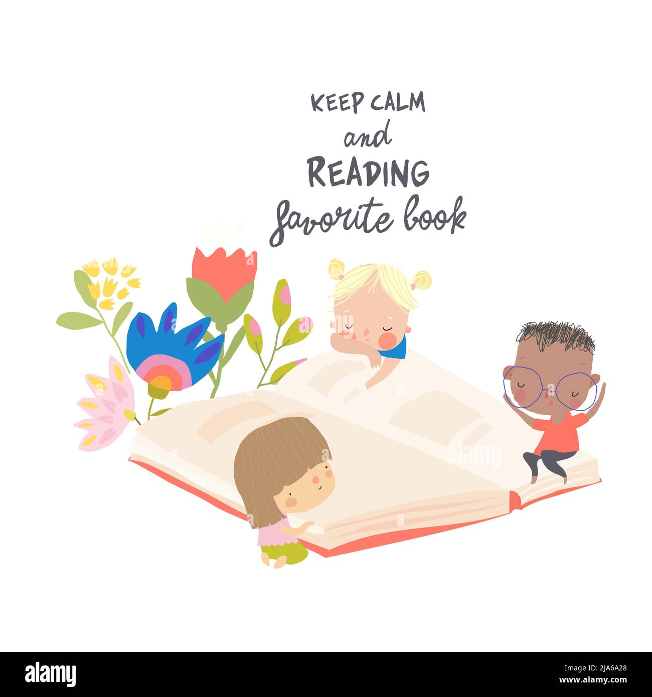 Cute Cartoon Children reading Big Book on White Background Stock Vector ...