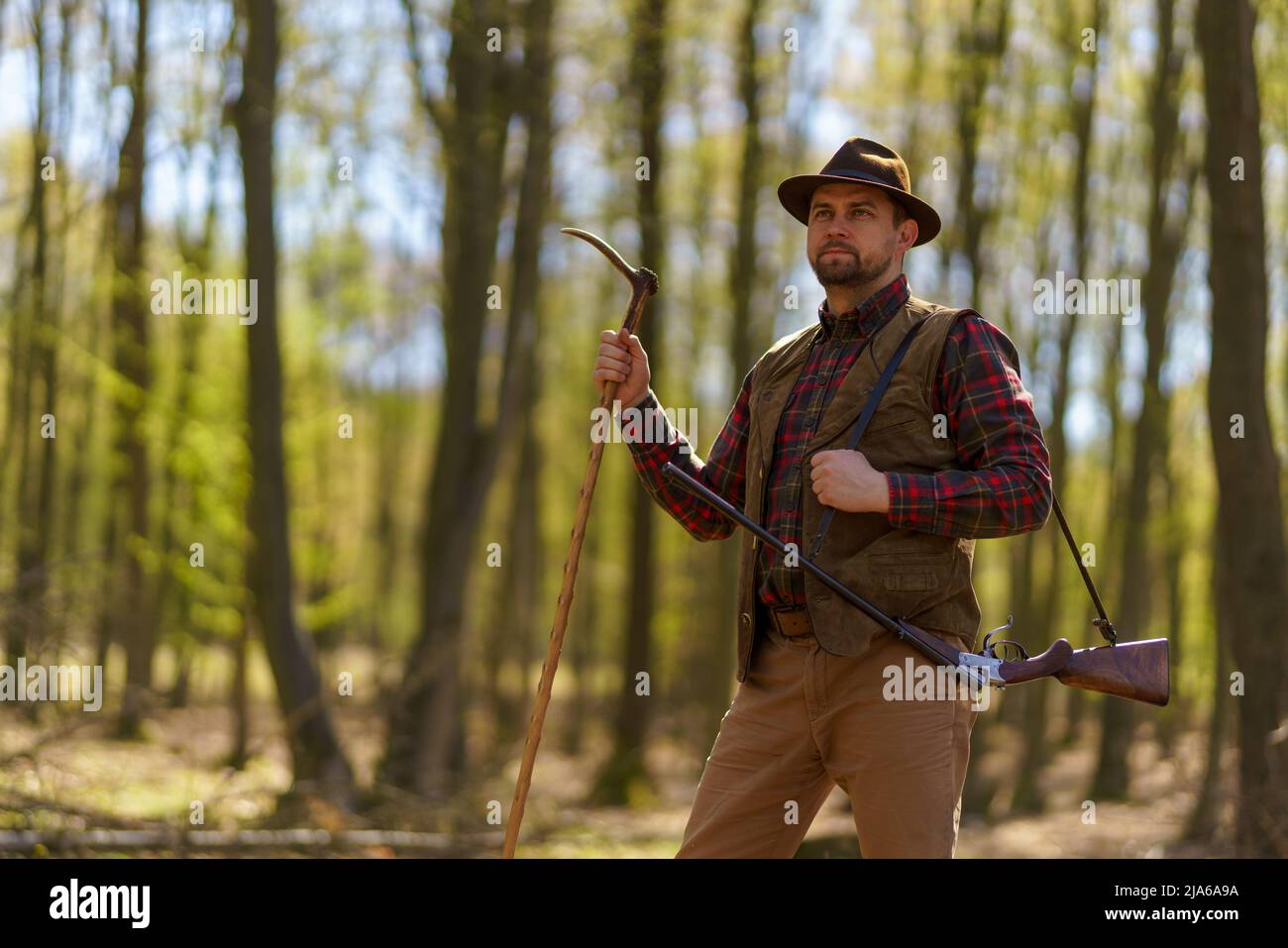 Hunter man with rifle gun on hunt in forest Stock Photo - Alamy