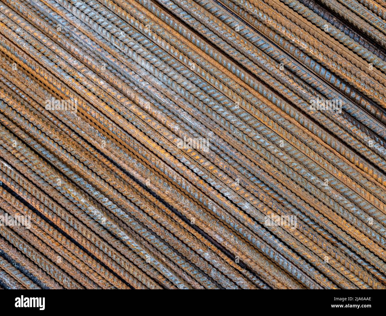 Top view stack of straight old rusty high yield stress deformed ...