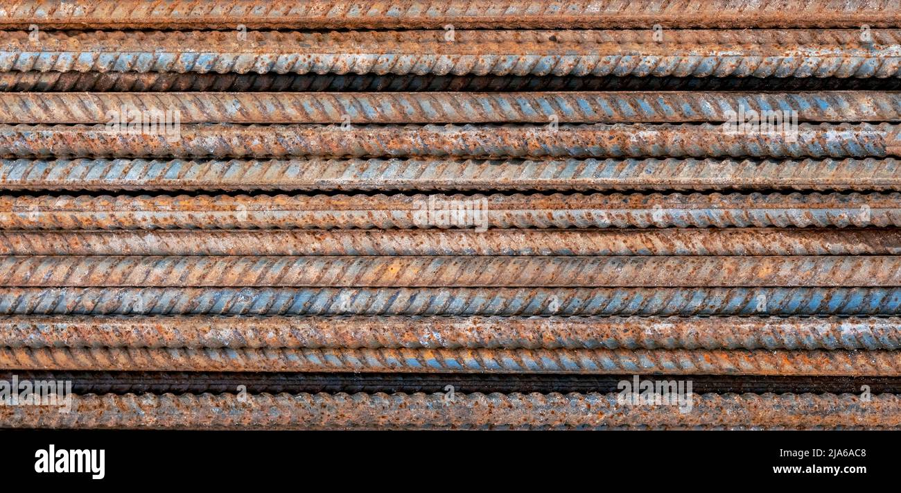 Top view stack of straight old rusty high yield stress deformed ...