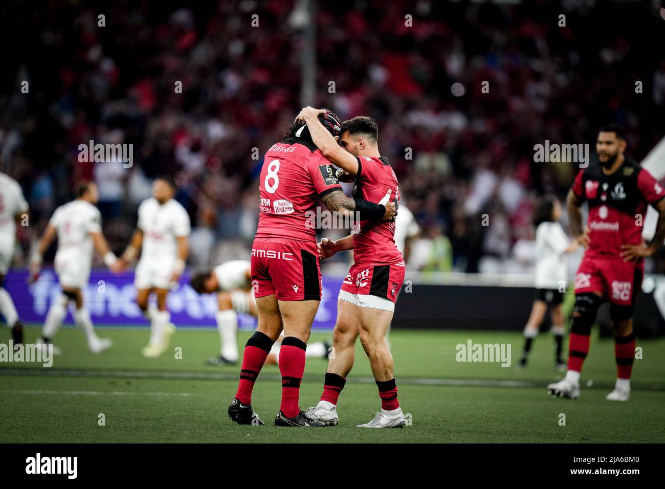 Baptiste Couilloud and Jordan Taufua of Lyon during the rugby European ...