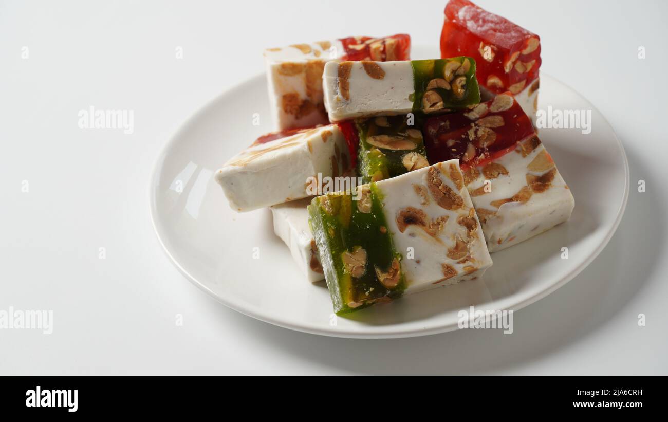 Assorted Turkish delights Rahat lokum. Colorful cubes of Turkish ...