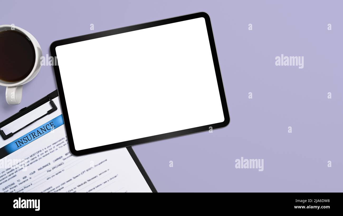 Top View Digital Tablet And Insurance Claim Form On Purple Background Blank Screen For