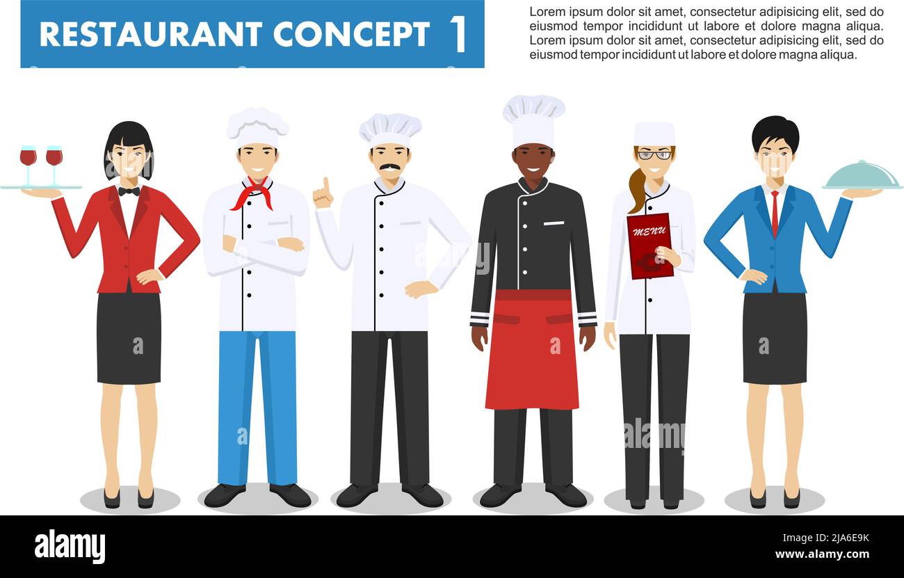 Detailed illustration of head chef, man and woman cooks, sommelier and ...