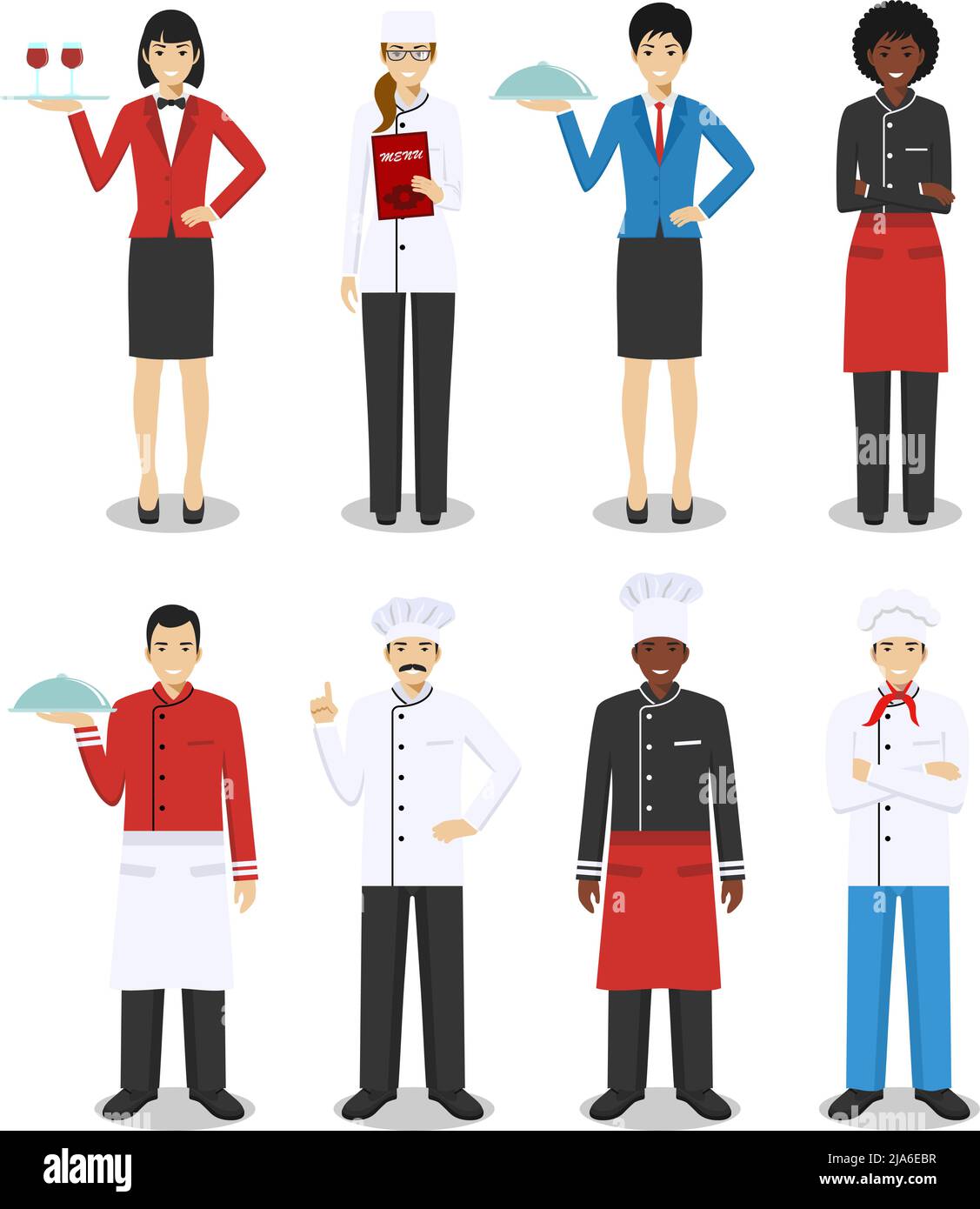 Detailed illustration of head chef, man and woman cooks, sommelier and ...