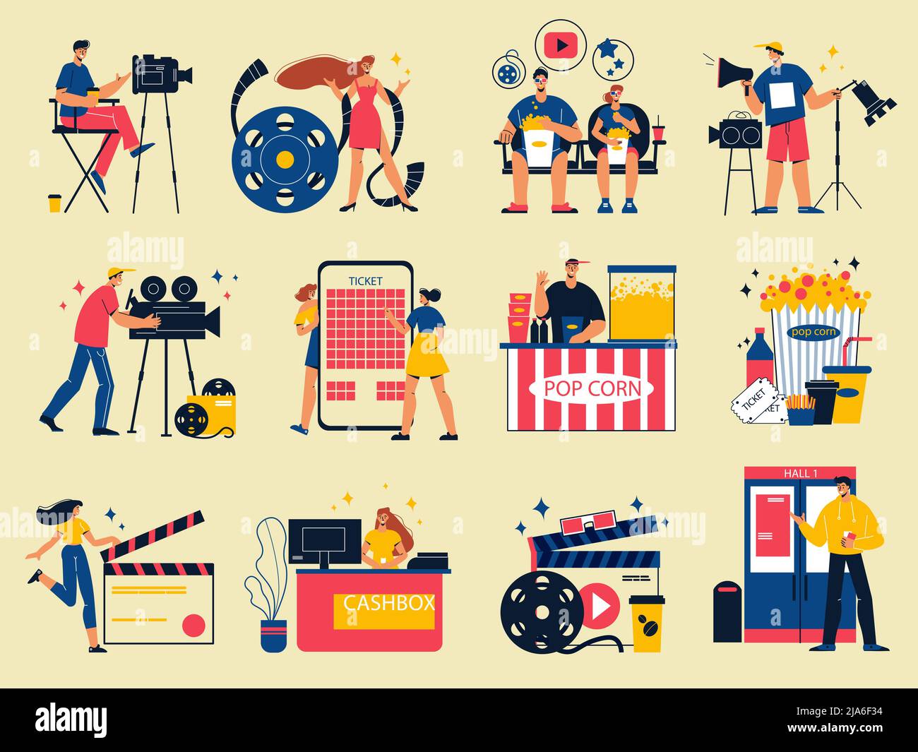 Cinema color set with isolated characters of movie makers visitors ...