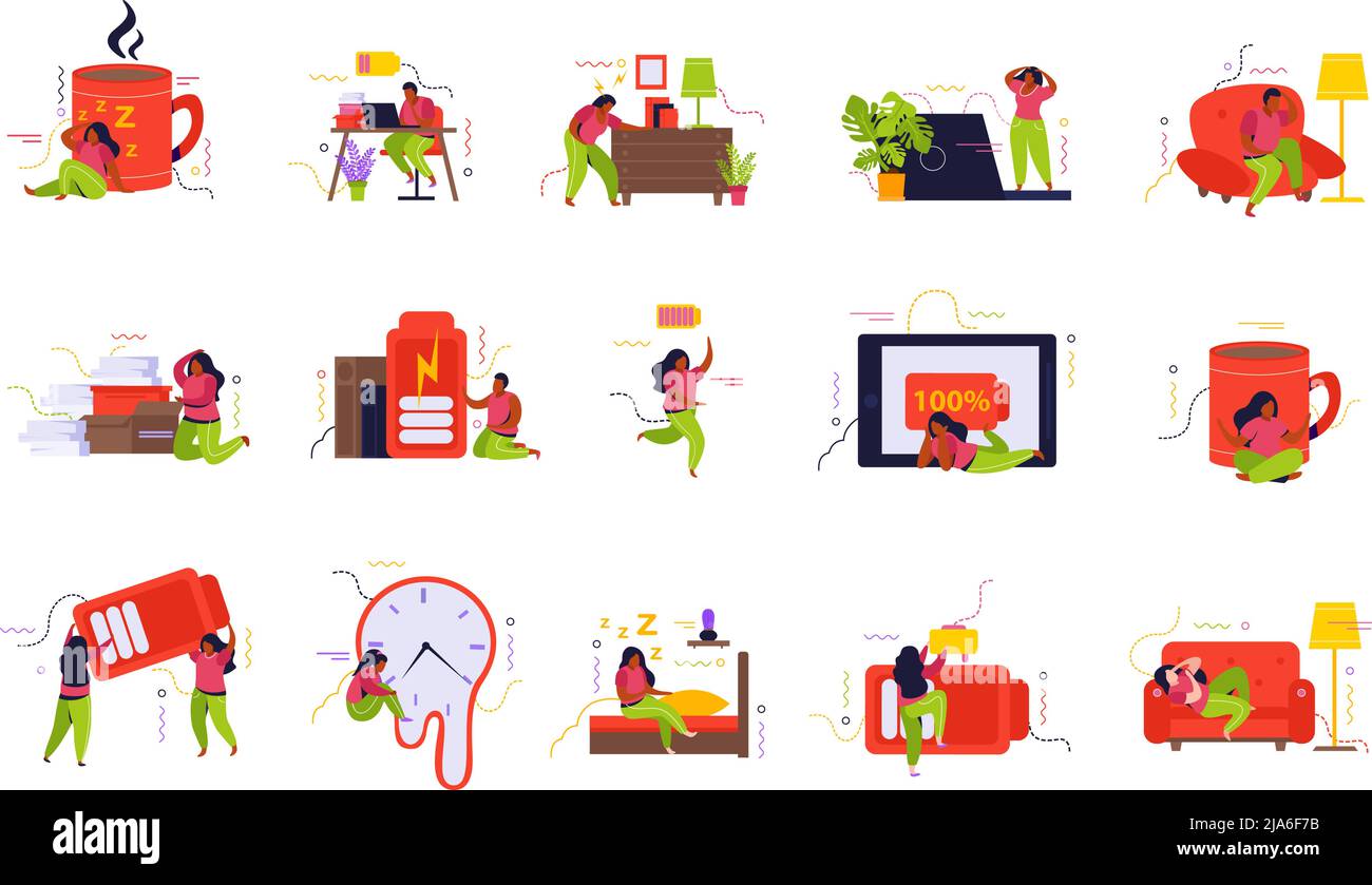 Low energy people set of characters with bad health symptom lying on ...