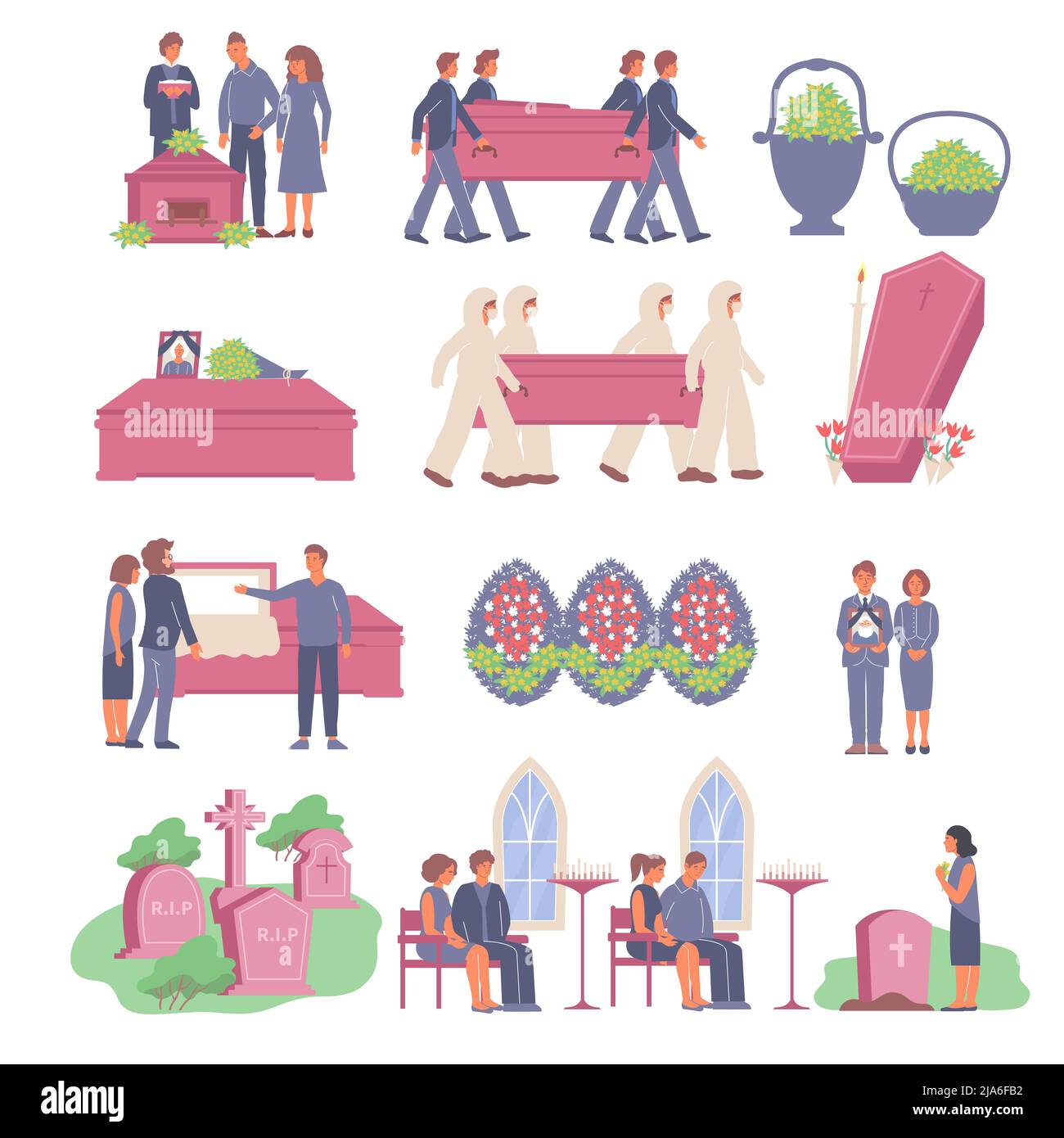 Funeral set of isolated icons with images of wreath eternity box and ...