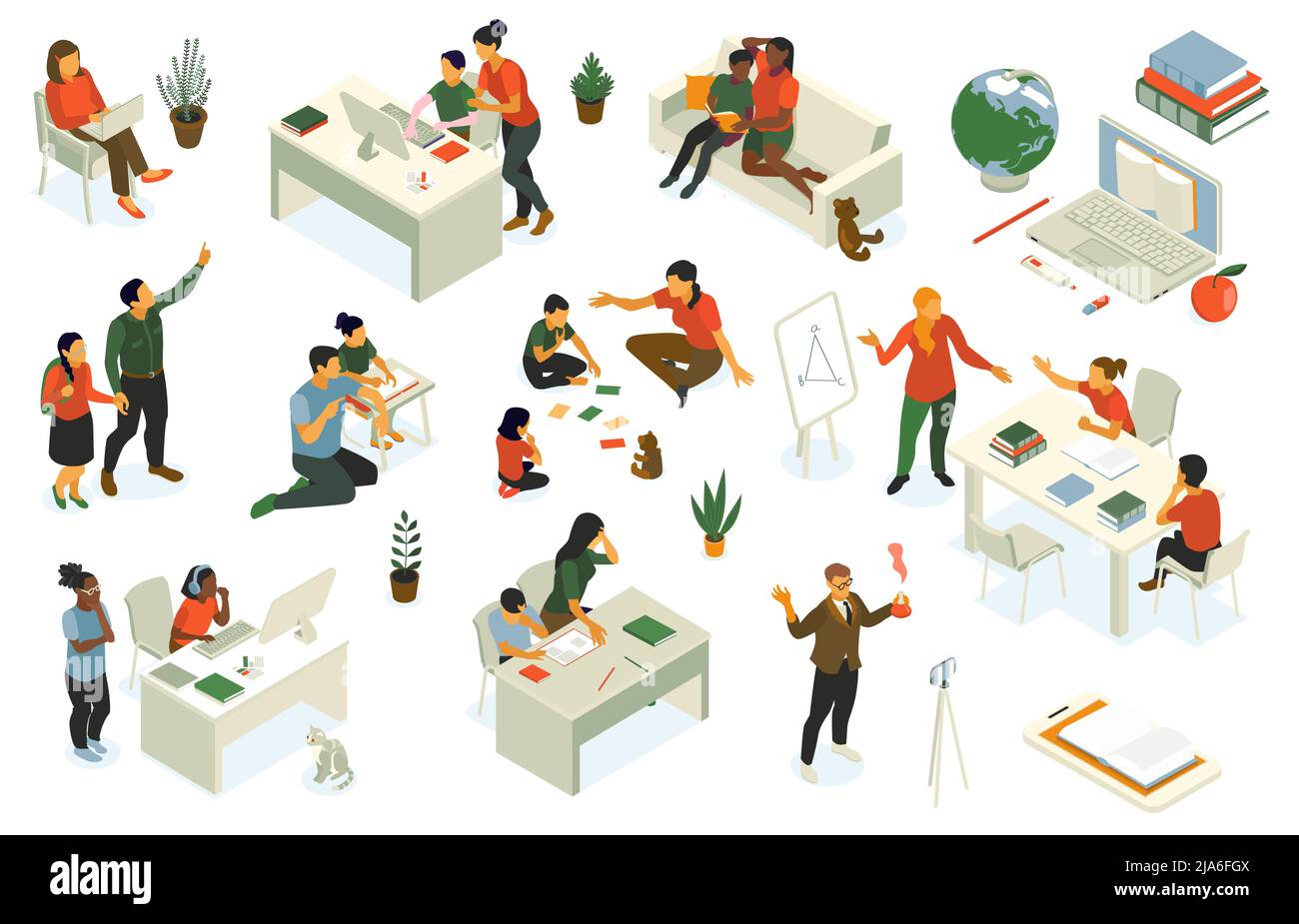 Homeschooling isometric set with parents supporting studying children ...