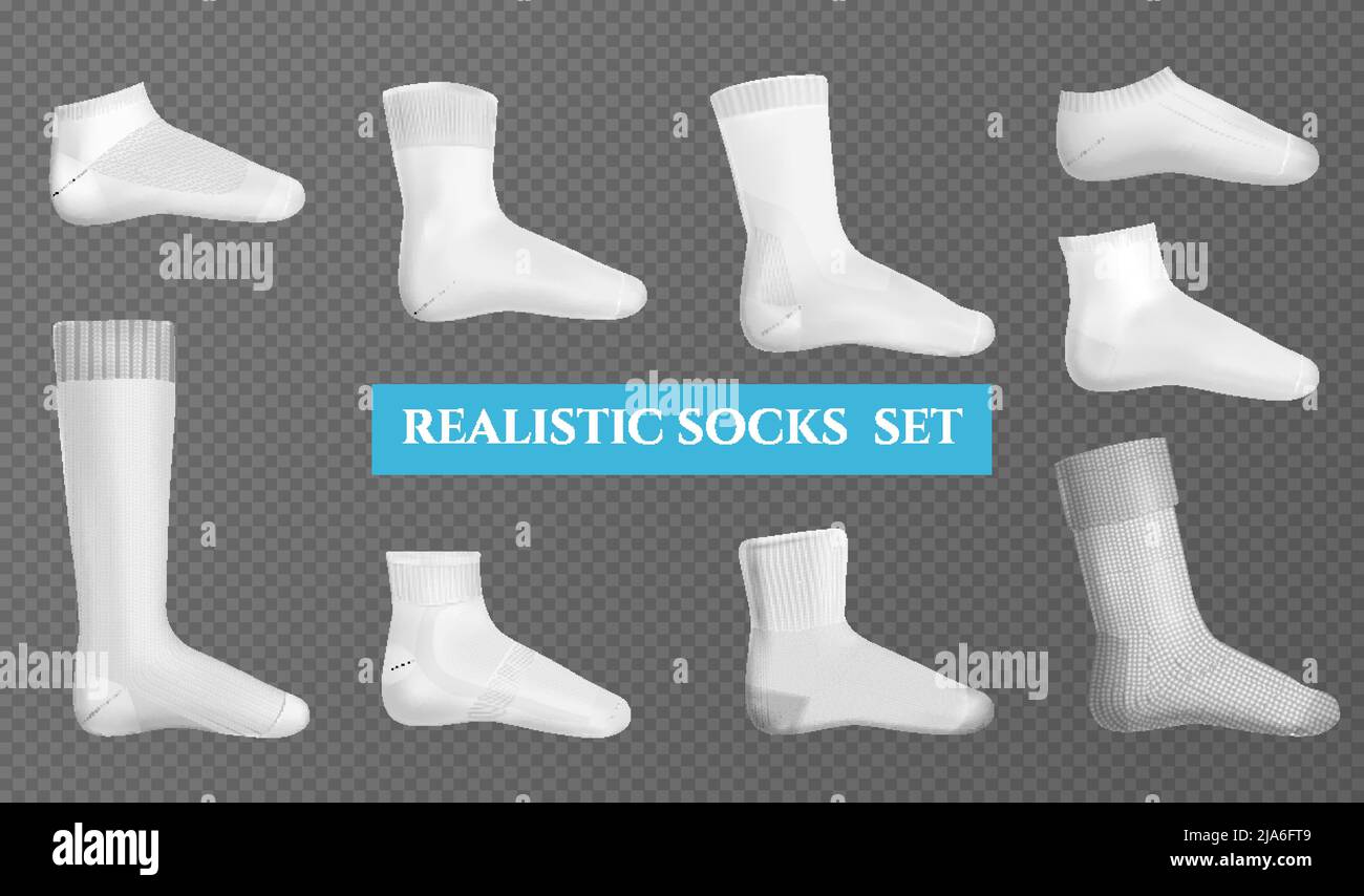 Gray and white sock realistic layouts of different types for sports and ...