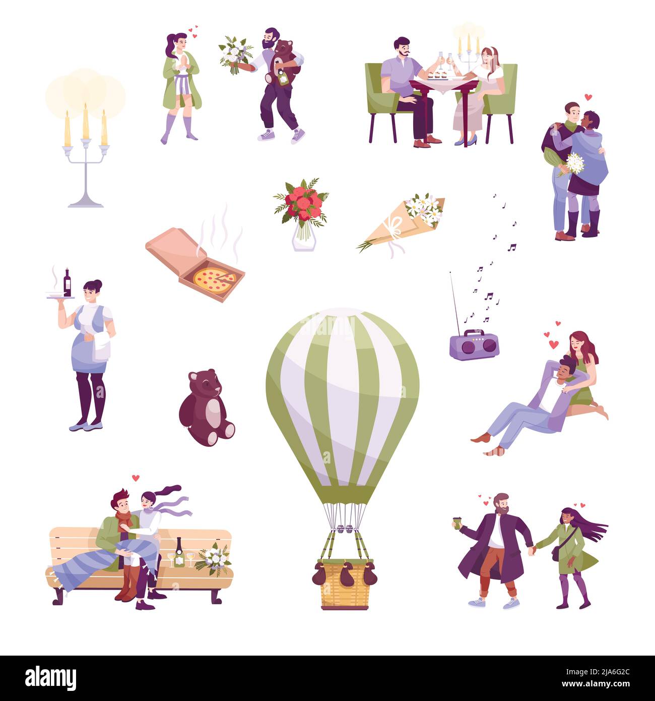 Flat romantic couple set icon set with different attributes of lovers ...