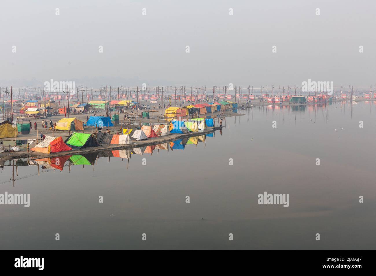 Part of the makeshift town built on the banks of the holy Ganges river ...