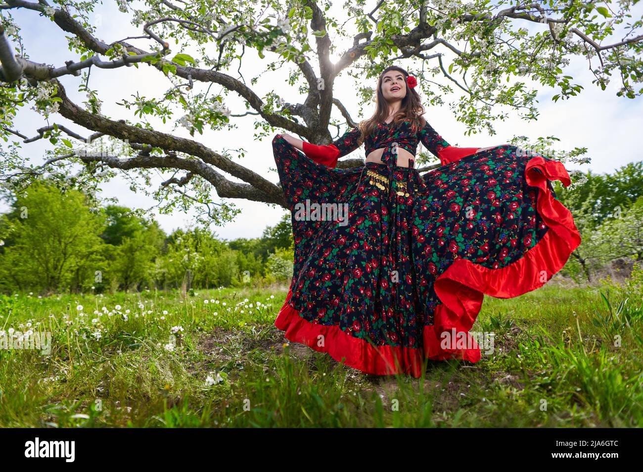 Young woman in traditional gypsy dress, performing a dance in an apple ...