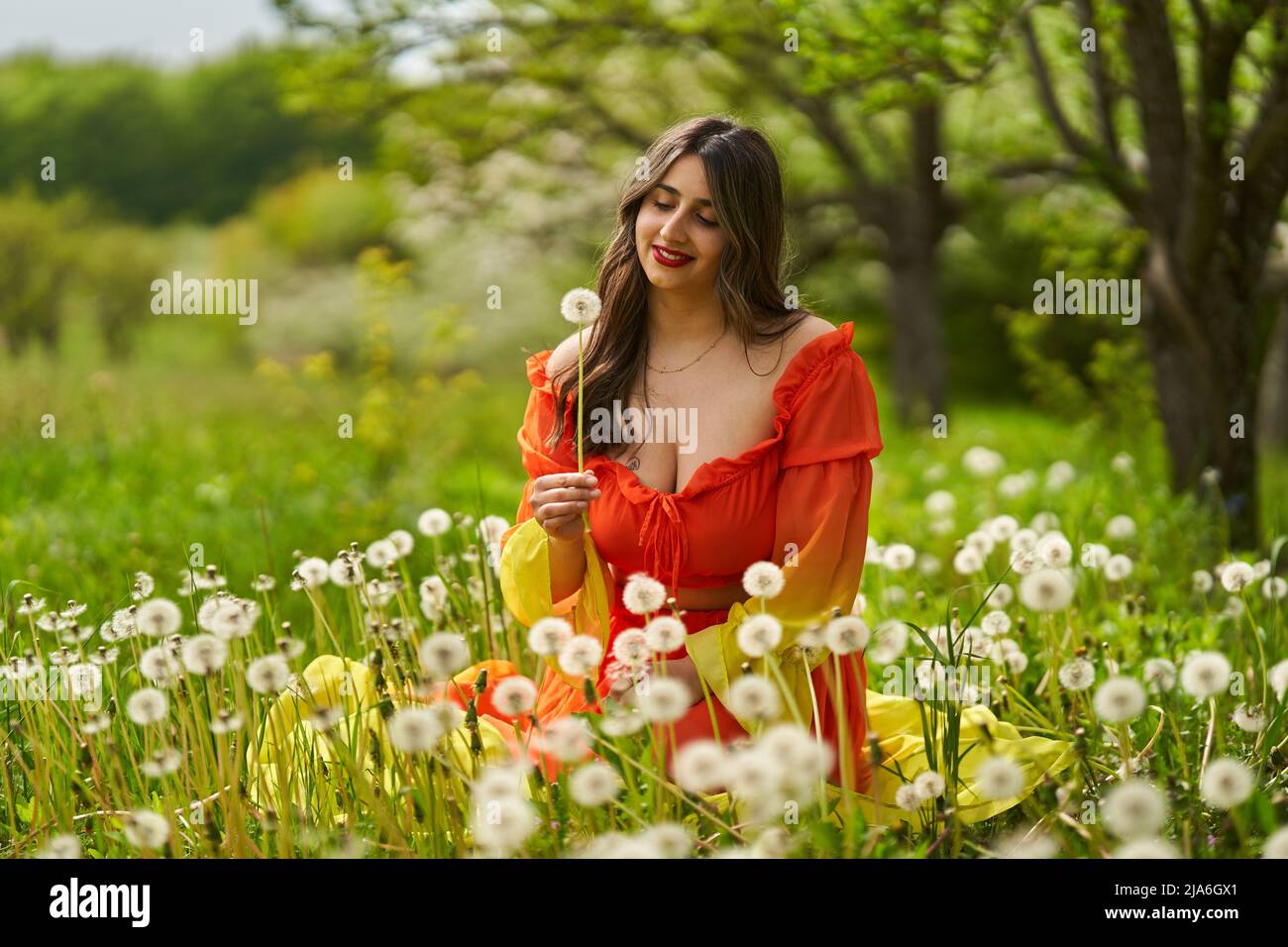 Young indian woman in a dandelion field in the apple orchard Stock ...