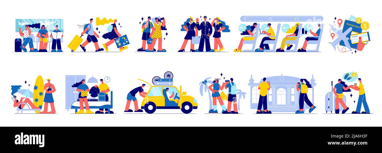 Travel vacation set of isolated icons with human characters of ...