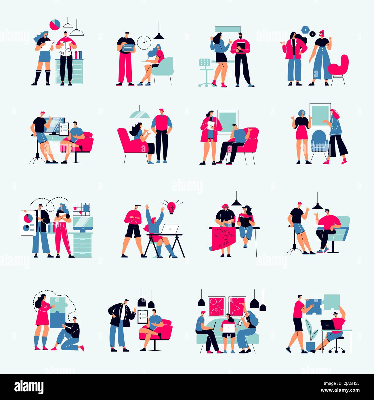 Successful team set of isolated icons human characters of communicating ...