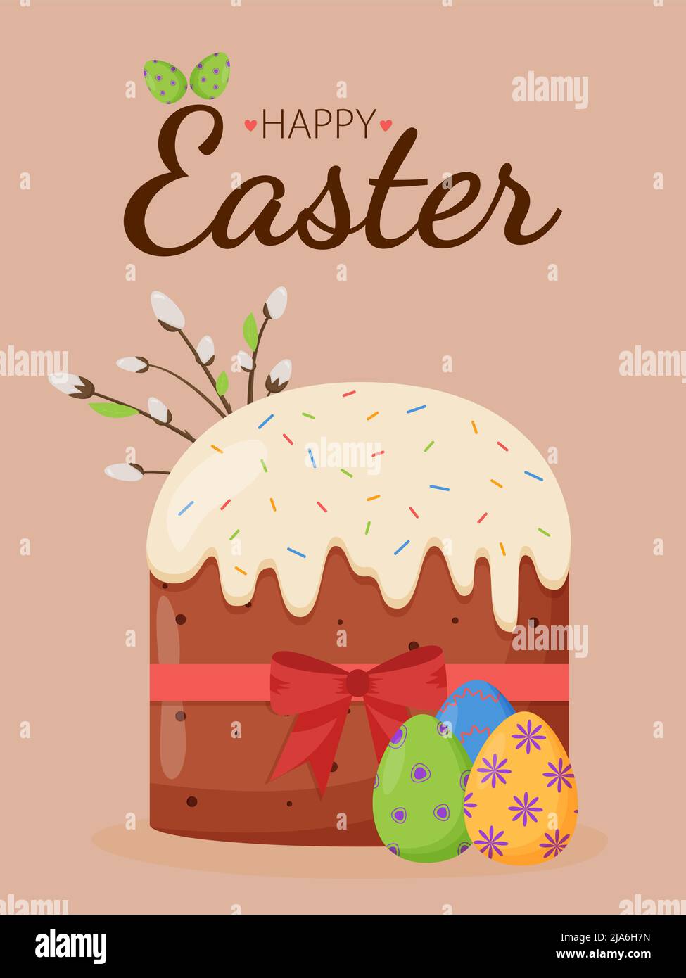 Easter cake with colorful eggs and willow. Easter concept. Happy Easter ...