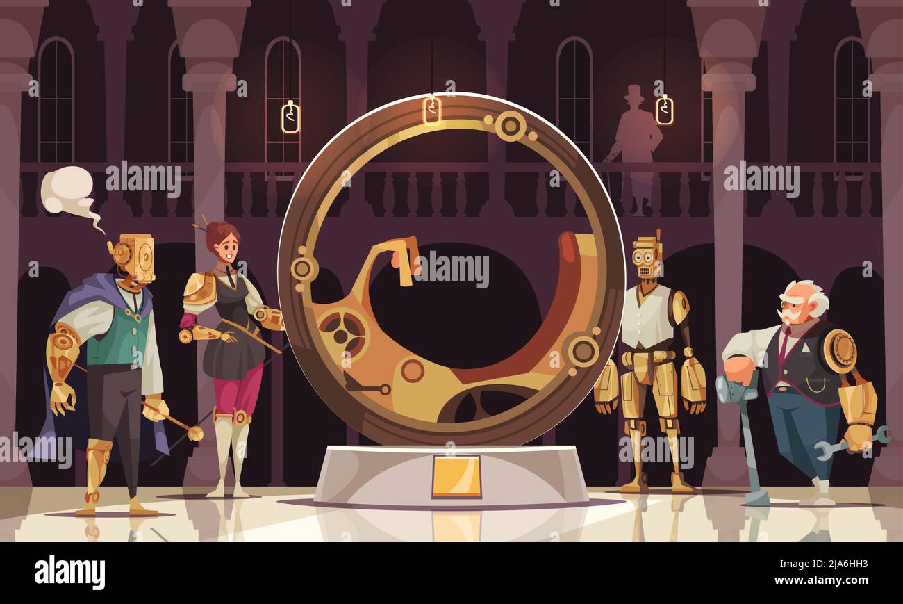 Cartoon steampunk robots and human characters with robotic body parts ...