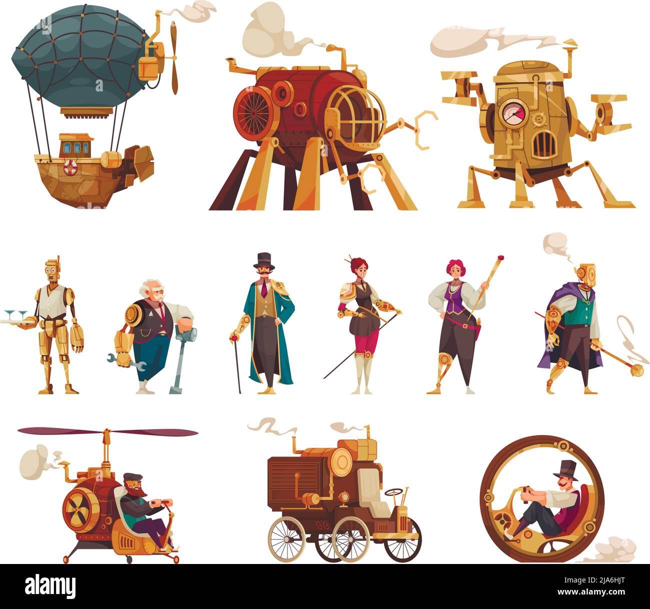 Steampunk vintage technology icons set with cartoon characters and ...