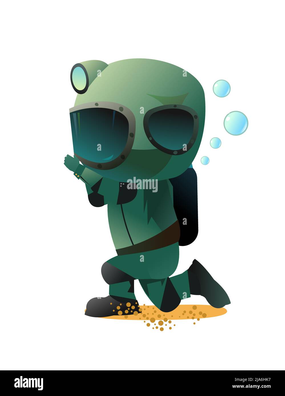 Diver in retro scuba gear standing on one knee. Guy in underwater suit ...
