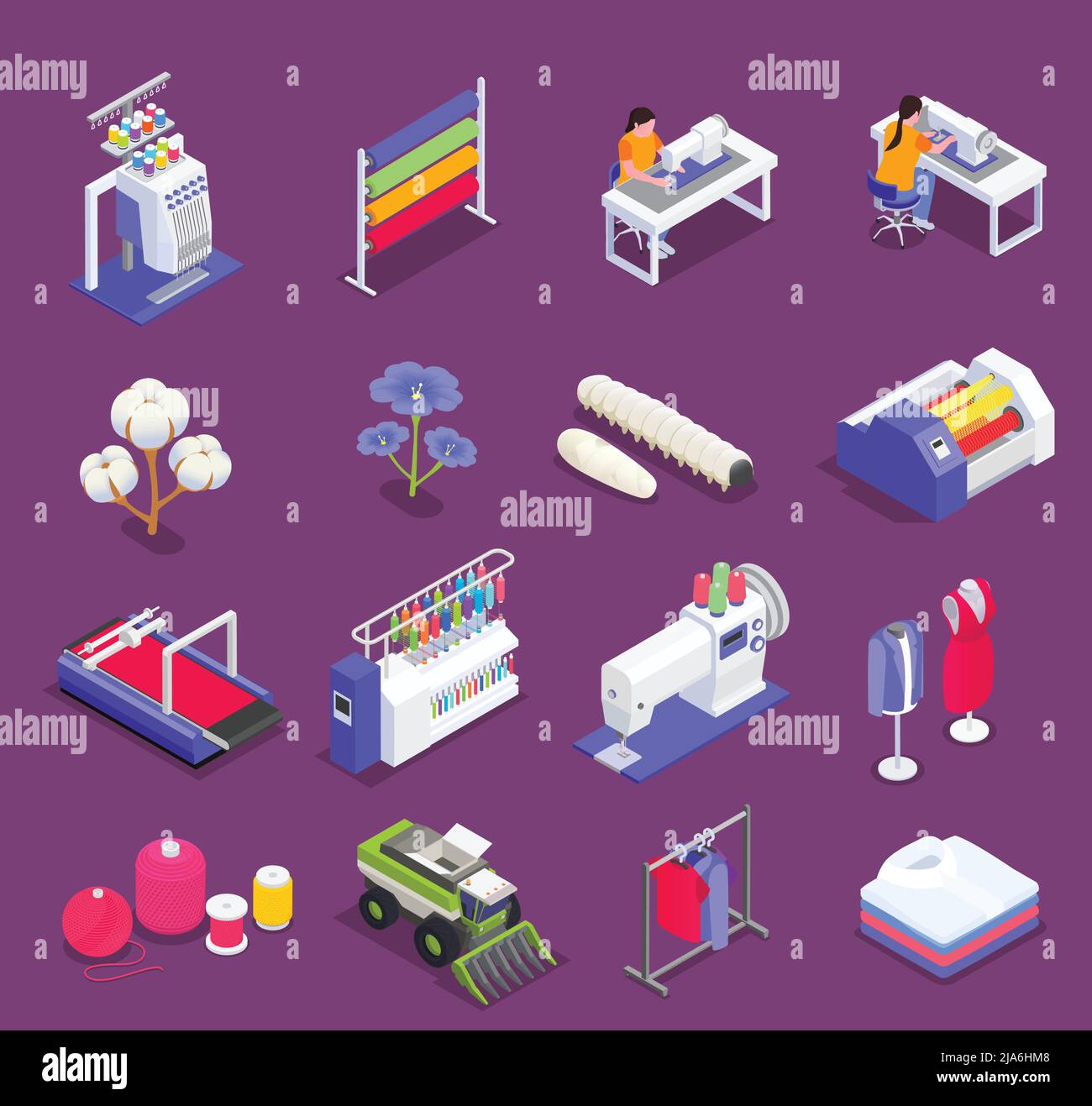 Textile mill and spinning industry isometric icons set isolated vector ...