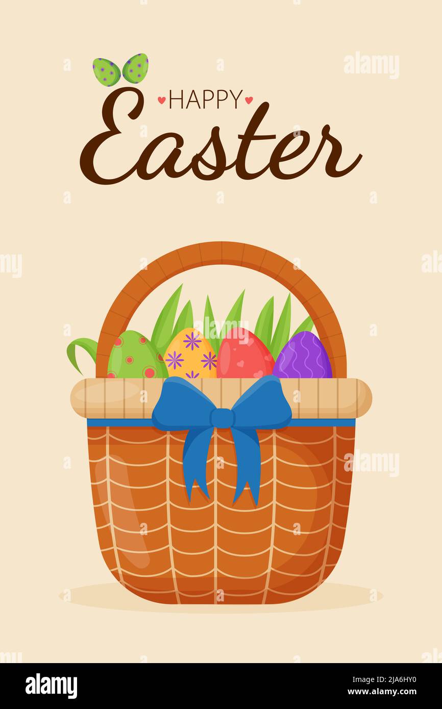 Easter greeting card with wicker basket and Easter eggs. Happy Easter ...