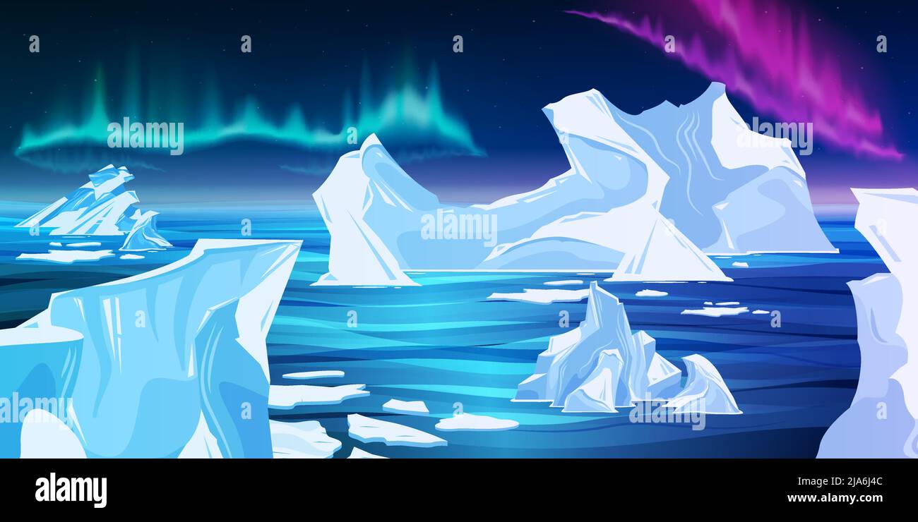 Arctic ocean colored cartoon composition with blue icebergs and purple ...