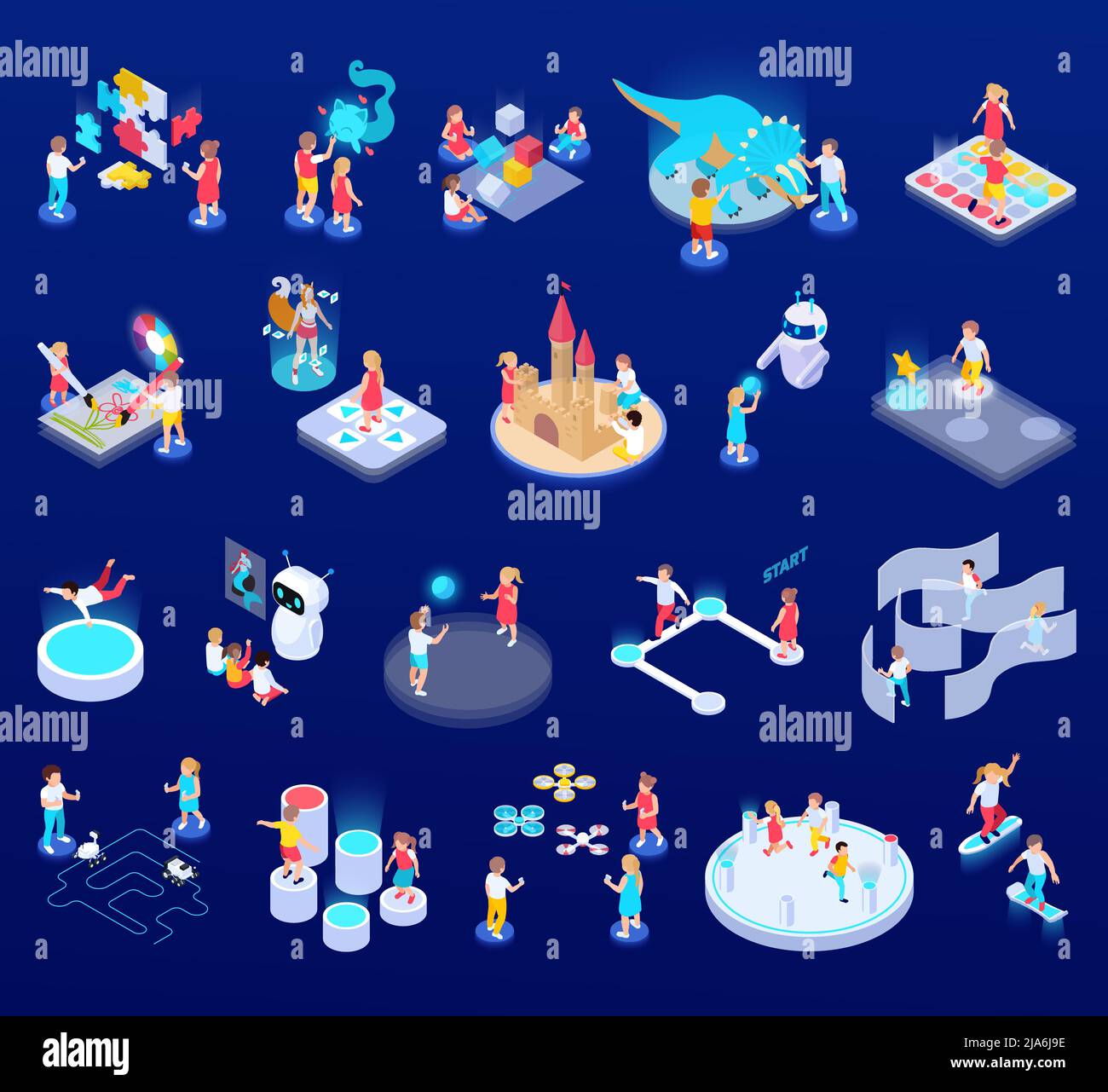 Modern futuristic playground isometric set of isolated play equipment ...